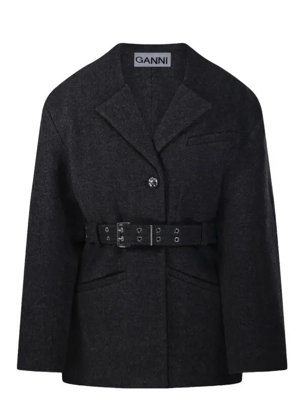 GANNI Grey Wool Belted Jacket - Phantom Black