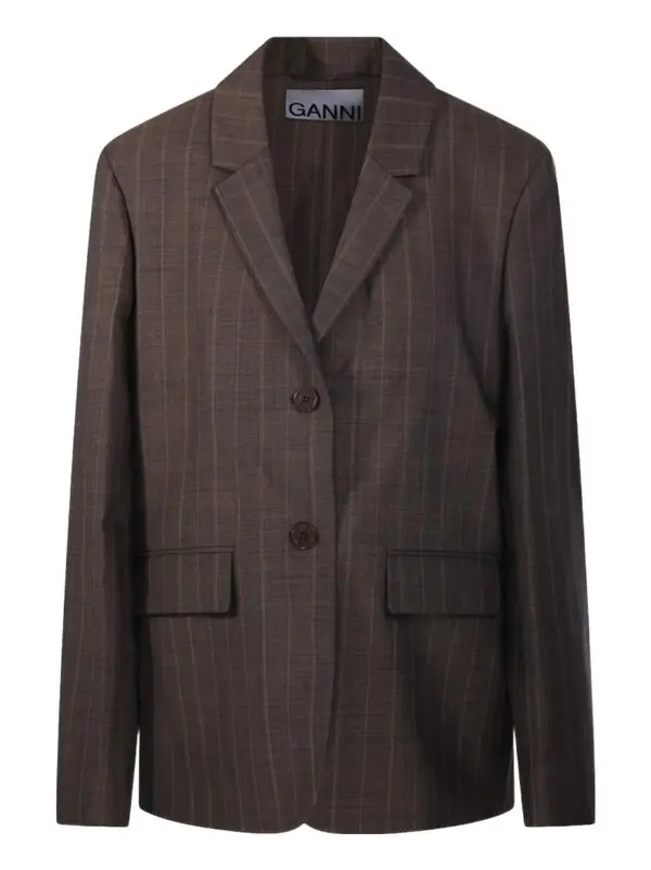GANNI Pinstripe Wool Blazer - Brown
