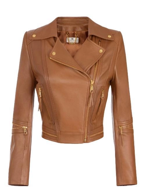Elisabetta Franchi Leather Biker Jacket - Cigar