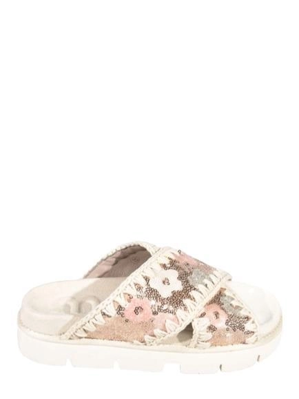 Mou Embellished Criss-cross Sandals - Beige