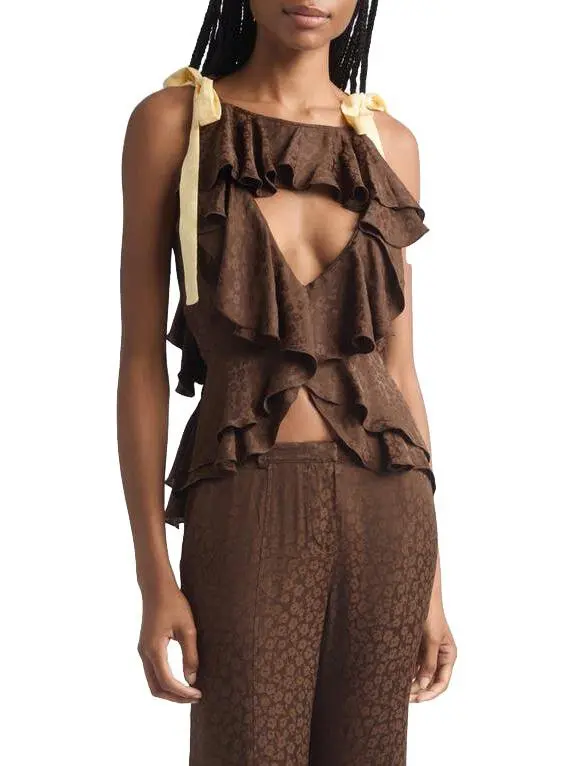 SIEDRES Marian Crop Ruffle Satin Jacquard Top - Brown/yellow