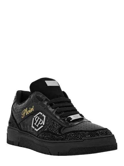 Philipp Plein Low Top Sneakers With Rhinestone Embellishments And Croc-effect Leather - Black/black