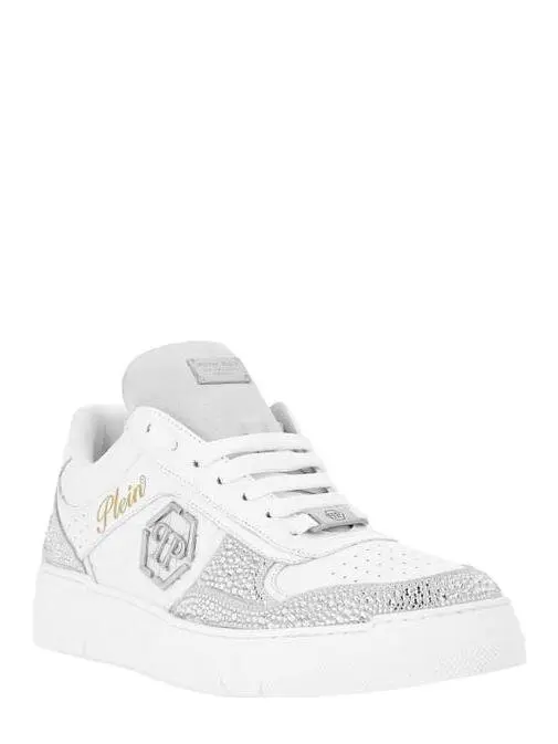 Philipp Plein Low Top Sneakers With Rhinestone Embellishments And Croc-effect Leather - White