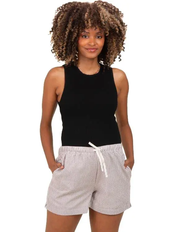 PINKBLUSH Maternity Drawstring Striped Shorts - Brown