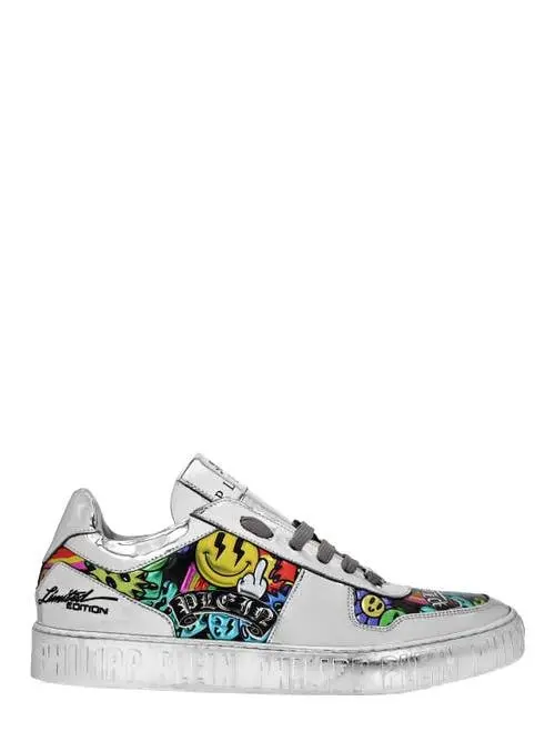 Philipp Plein Mirror Leather Lo-top Sneakers With Smile Print - Silver