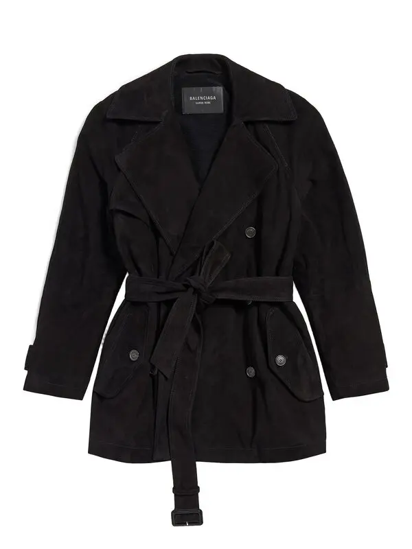 Balenciaga Cocoon Short Suede Trench Coat - Black