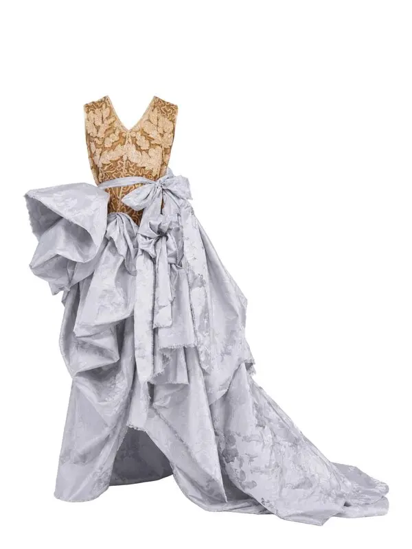 Miro Misljen Couture Embroidered Bodice Draped Jacquard Gown - Silver