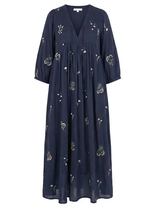 Adrift Clothing Cairo Boho Maxi Dress With Embroidery - Blue