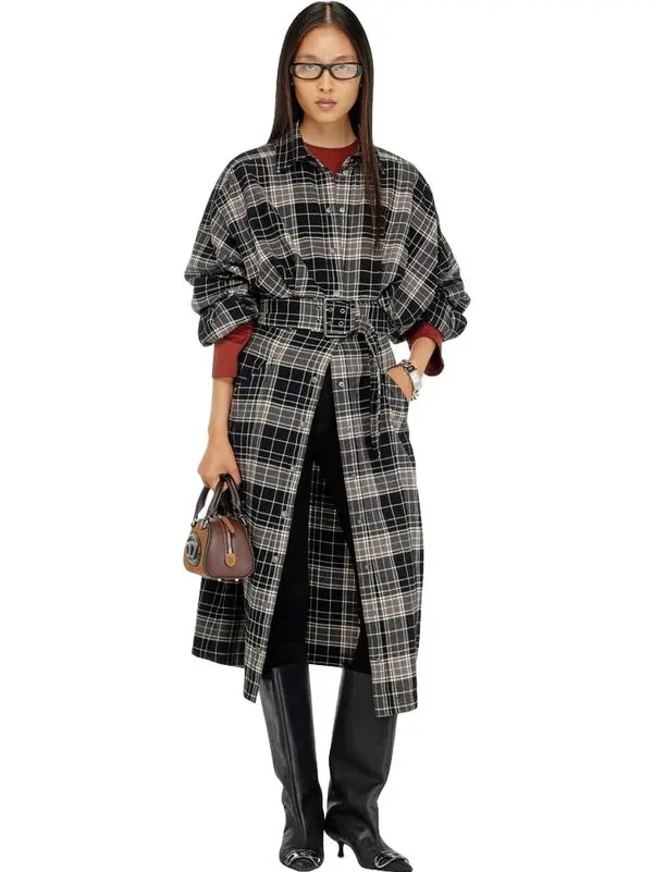 DIESEL® Checked Flannel Midi Shirt Dress With Wide Belt - Multicolor