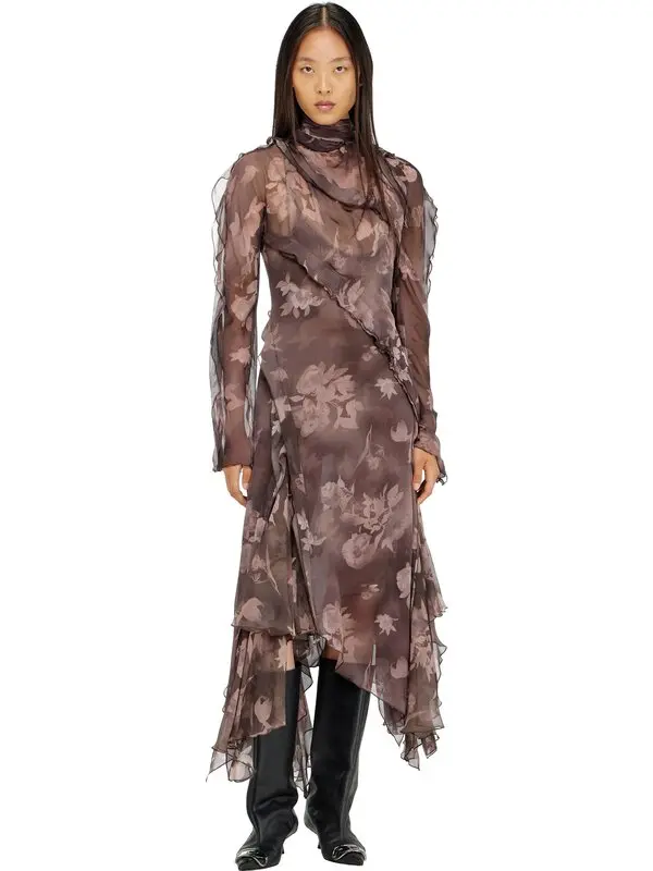 DIESEL® Asymmetric Floral Midi Dress In Chiffon And Silk-crepe - Brown