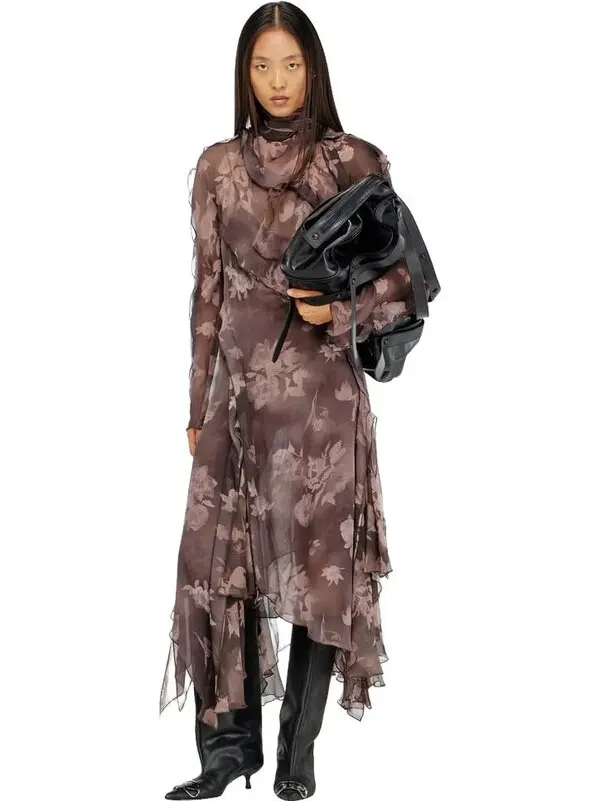 DIESEL® Asymmetric Floral Midi Dress In Chiffon And Silk-crepe - Brown
