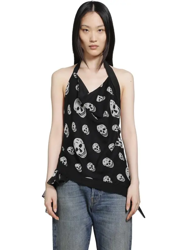 Alexander McQueen Skull Print Asymmetric Halter Neck Top - Black