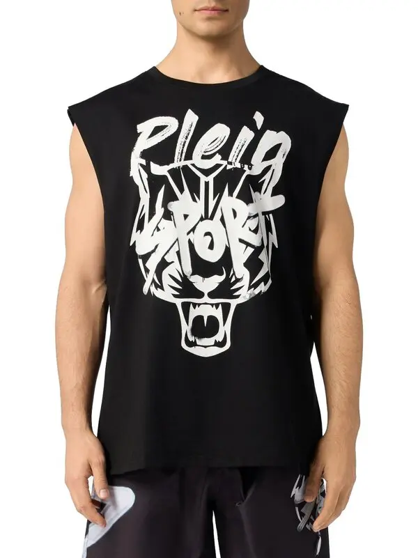 PLEIN SPORT Cotton Tank Top With Graphic Logo Print - Black