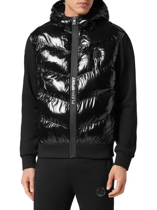 PLEIN SPORT Short Padded Nylon Puffer Jacket With Hood - Black