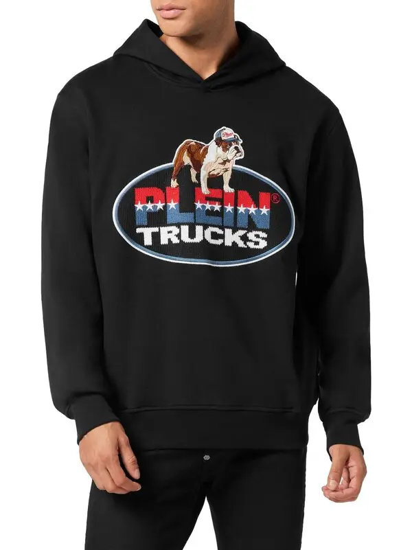 Philipp Plein Graphic Print Hooded Sweatshirt With Contrasting Logo - Black