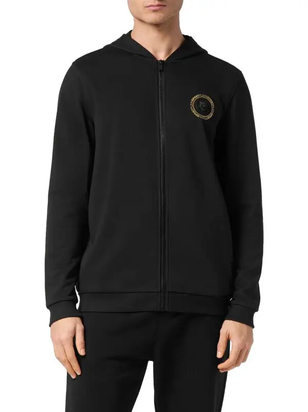 PLEIN SPORT Zipped Jersey Hoodie With Contrast Logo And America Pockets - Black