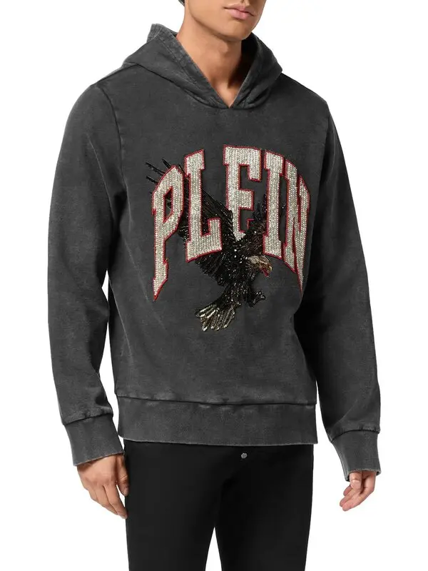Philipp Plein Relaxed Fit Jersey Hoodie With Rhinestone Eagle Appliqu - Black