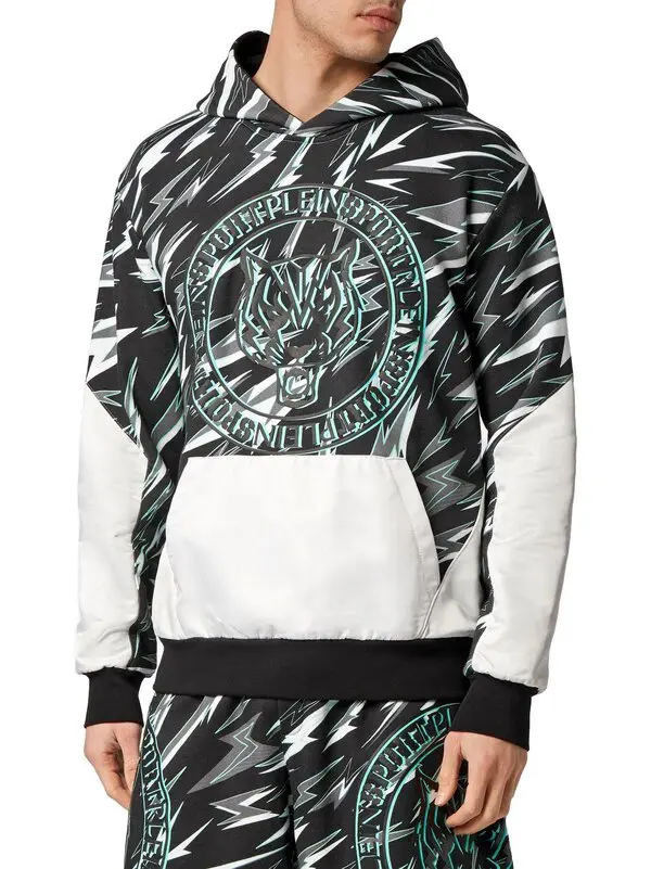 PLEIN SPORT Hooded Jersey Sweatshirt With Graphic Print And Kangaroo Pocket - Black