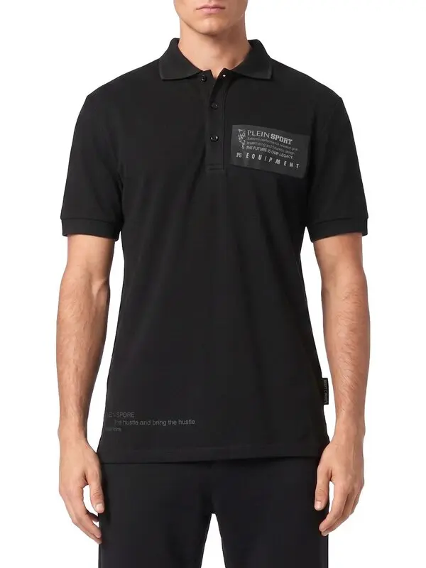 PLEIN SPORT Short-sleeved Cotton Polo Shirt With Contrasting Logo - Black