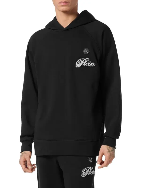 Philipp Plein Jersey Hoodie With Contrasting Logo - Black