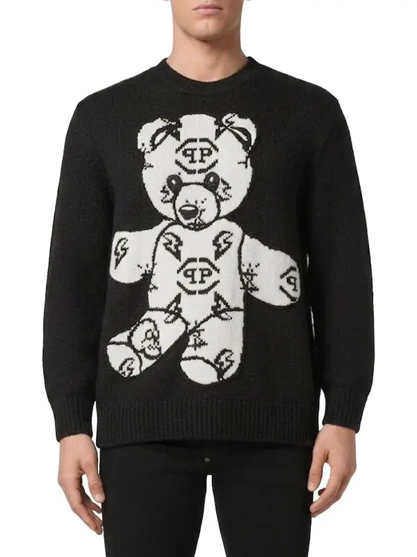 Philipp Plein Teddy Bear Print Wool Blend Crewneck Jumper - Black