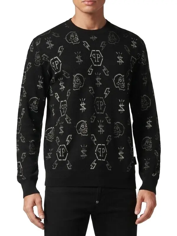 Philipp Plein Skull Motif Merino Wool Crewneck Jumper - Black