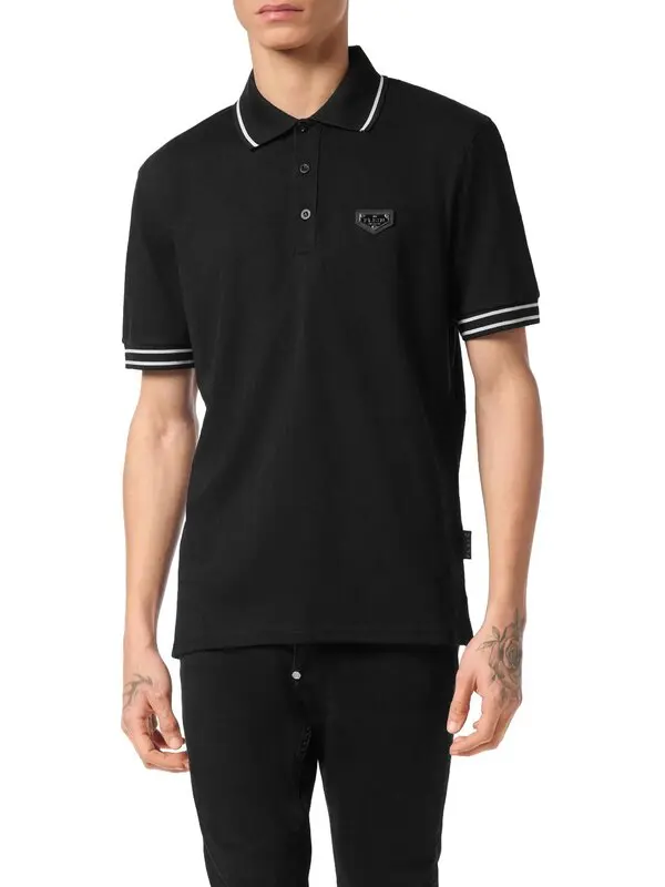 Philipp Plein Short-sleeved Cotton Polo Shirt With Contrast Logo And Classic Collar - Black