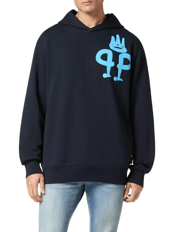 Philipp Plein Contrast Logo Cotton Hoodie - Blue