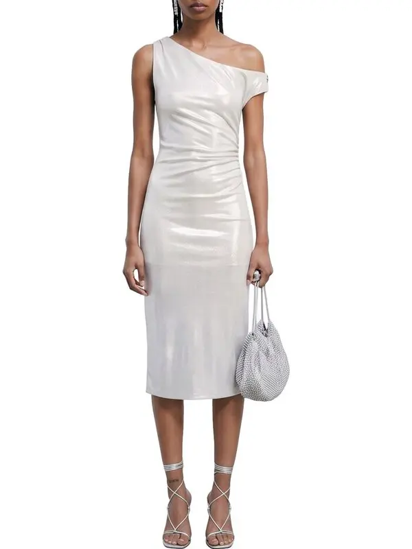 Patrizia Pepe Metallic Ruched One-shoulder Midi Dress - Silver
