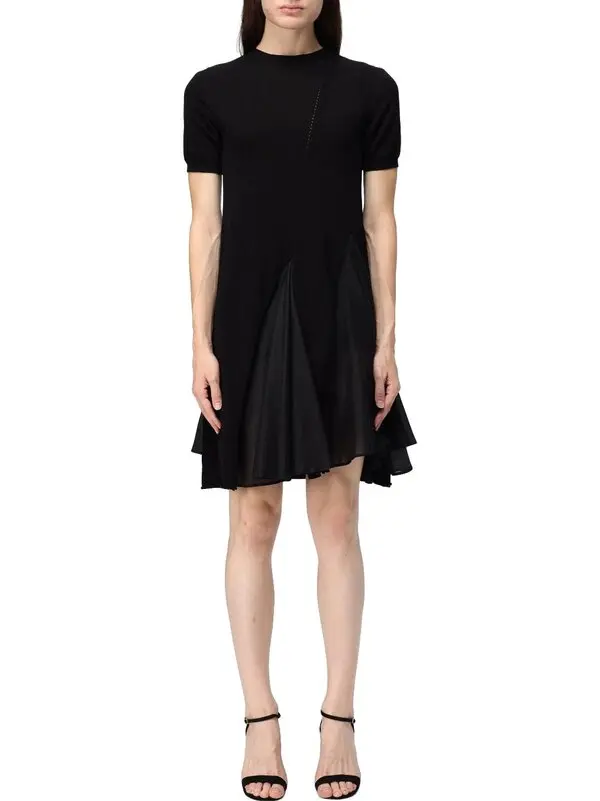 SEMICOUTURE Short Sleeve Dress With Asymmetrical Hem - Black