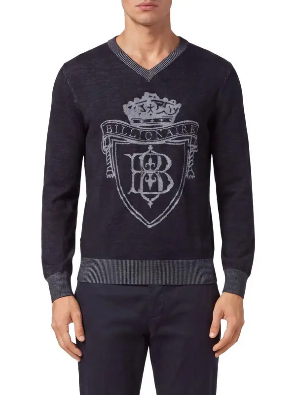 BILLIONAIRE Wool And Silk V-neck Jumper With Jacquard Crest Logo - Blue