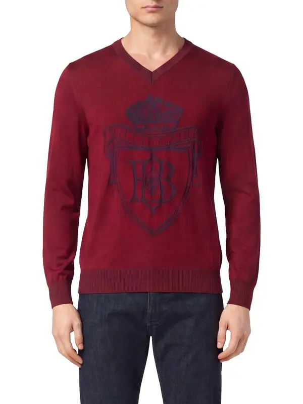 BILLIONAIRE Wool And Silk V-neck Jumper With Jacquard Crest Logo - Red