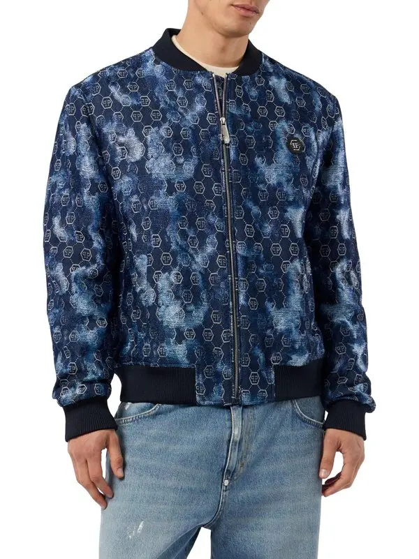 Philipp Plein Bomber Jacket With All-over Logo Print - Navy