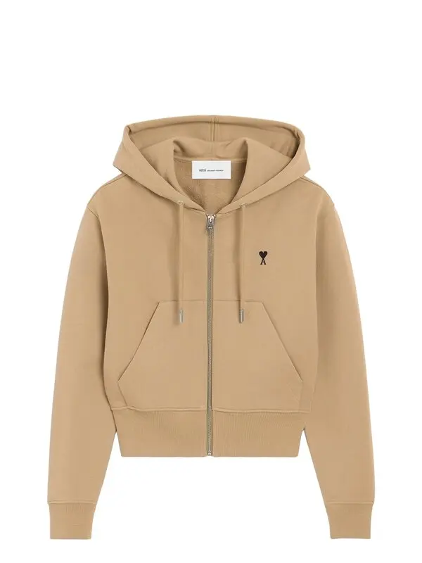 AMI Paris Beige Cotton Hoodie With De Coeur Logo - Mastic Beige/black