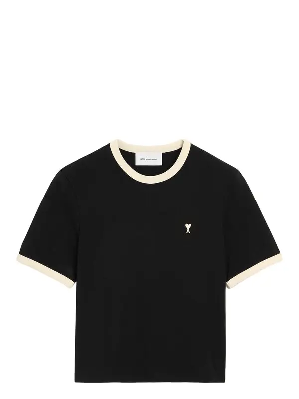 AMI Paris Black Contrasted Cotton T-shirt With De Coeur Black - Black/ivory