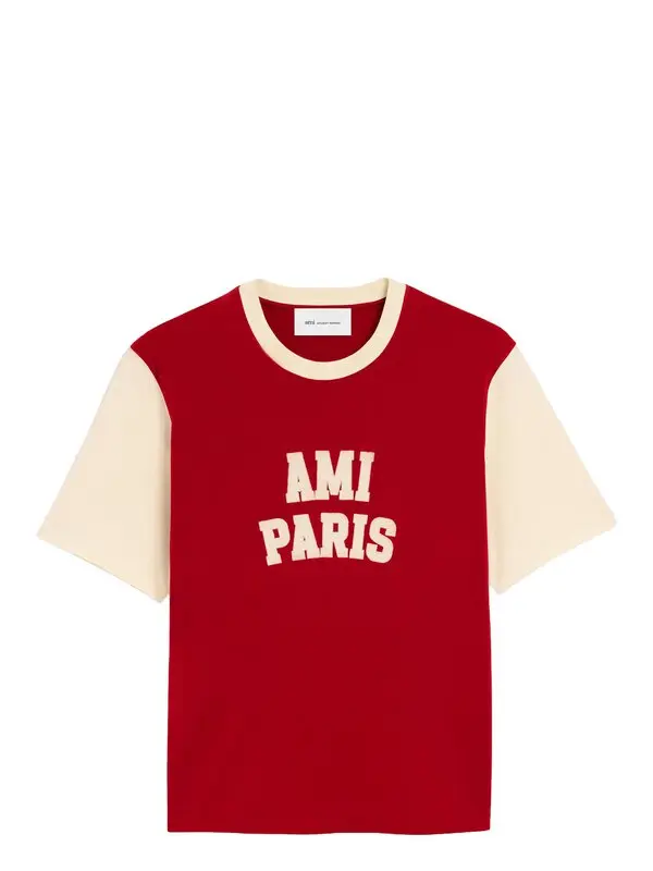 AMI Paris Cotton T-shirt With Embroidery - Ruby Red/ivory