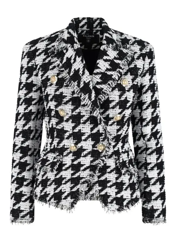 Balmain Houndstooth Tweed Double-breasted Blazer With Frayed Trim - White