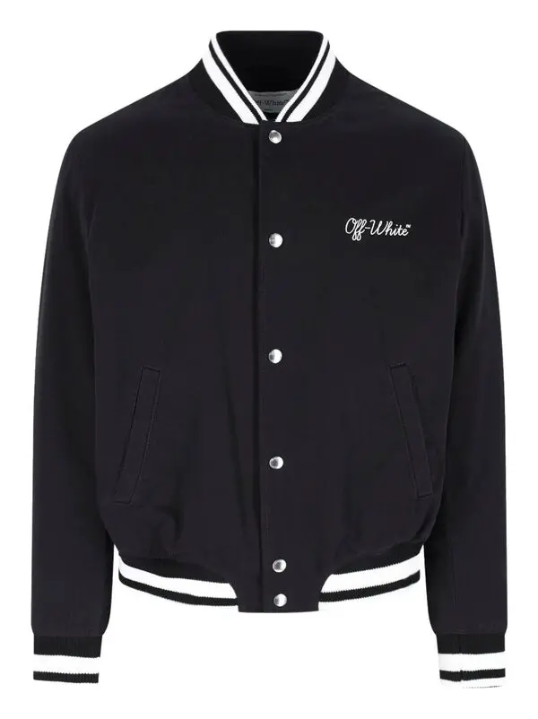Off-White Cotton Bomber Jacket With Striped Ribbed Collar And Cuffs - Black