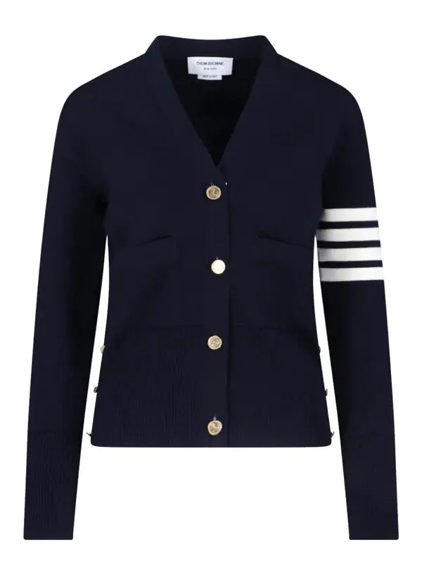 Thom Browne 100% Virgin Wool Striped Sleeve V-neck Cardigan - Blue