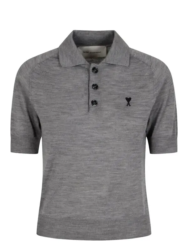 AMI Paris Logo Embroidered Knitted Polo Top - Grey