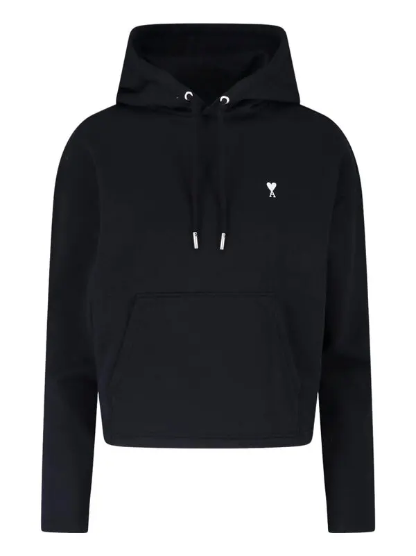 AMI Paris 100% Cotton Hooded Sweatshirt With Embroidered Heart Logo - Black
