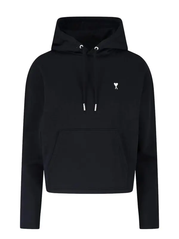 AMI Paris Cropped Hoodie With Chest Logo - Black