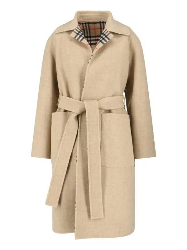 Burberry 100% Wool Belted Jacket With Classic Collar - Beige