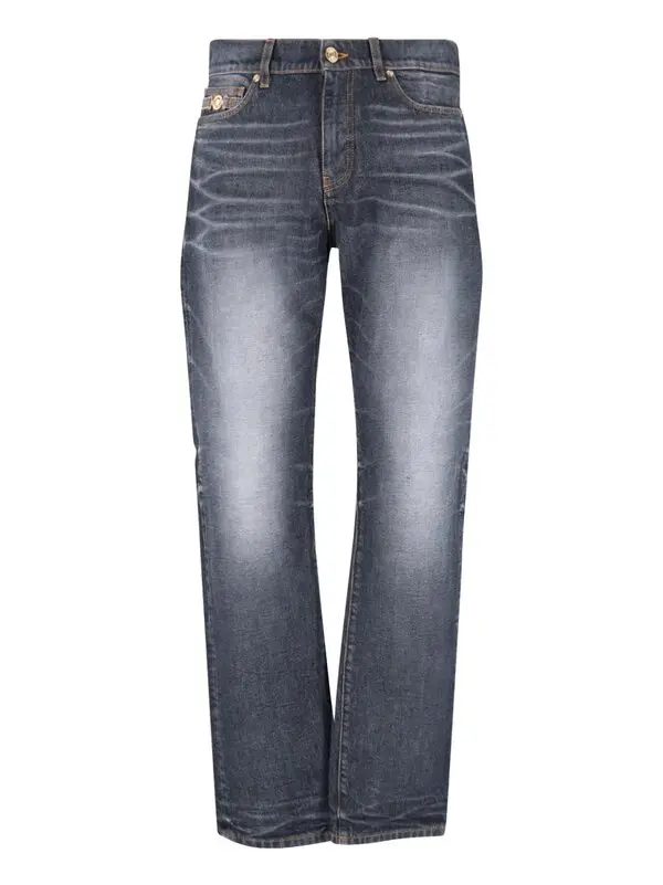 Versace Denim Jeans With Calf Leather Trim - Blue