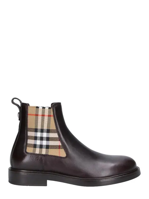 Burberry Calf Leather Chelsea Boots With Checked Detailing - Brown