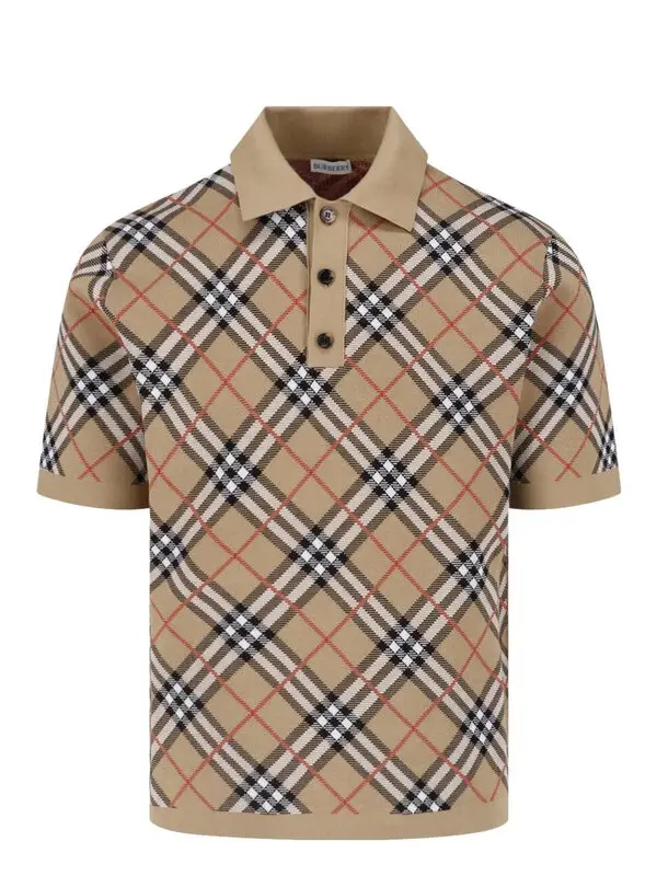 Burberry Checked Cotton Blend Polo Shirt - Beige