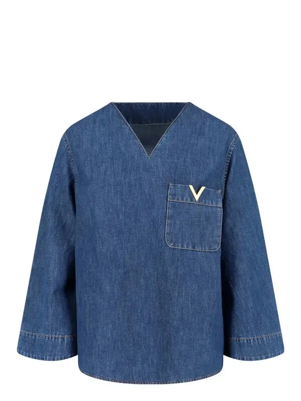 Valentino Garavani 100% Cotton V-neck Pocket Top - Blue
