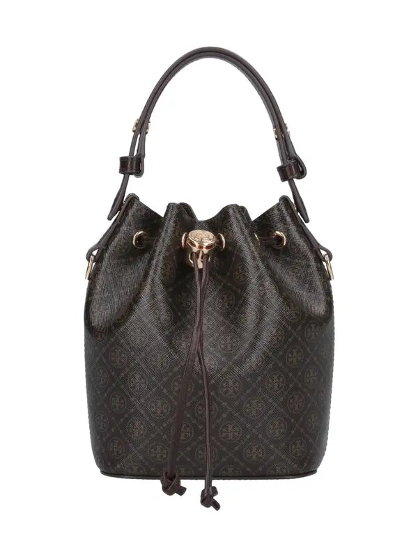 Tory Burch Leather Trimmed Cotton Bucket Bag - Brown