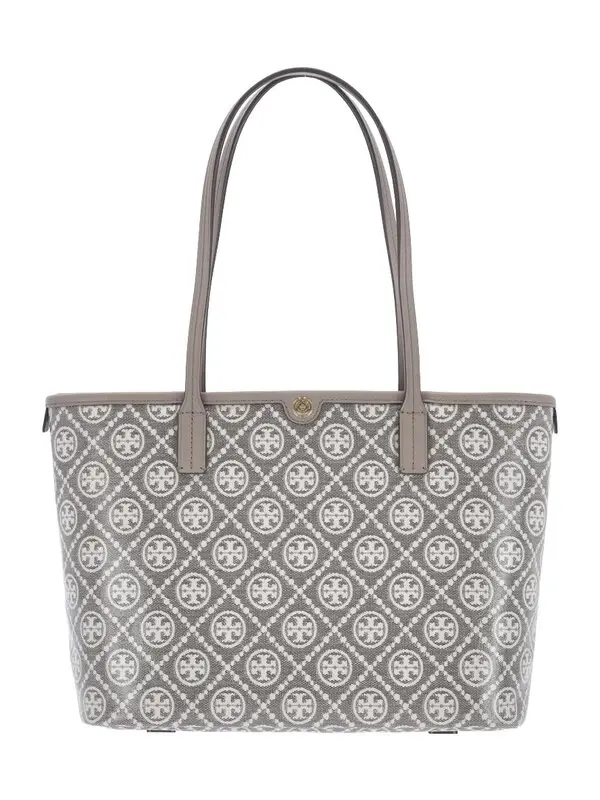 Tory Burch Monogrammed Cotton Tote Bag With Leather Trim - Grey
