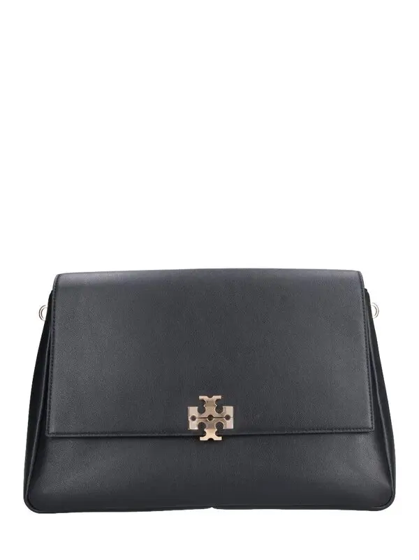 Tory Burch Tumbled Cow Leather Shoulder Bag With Gold Tone Logo Clasp - Black